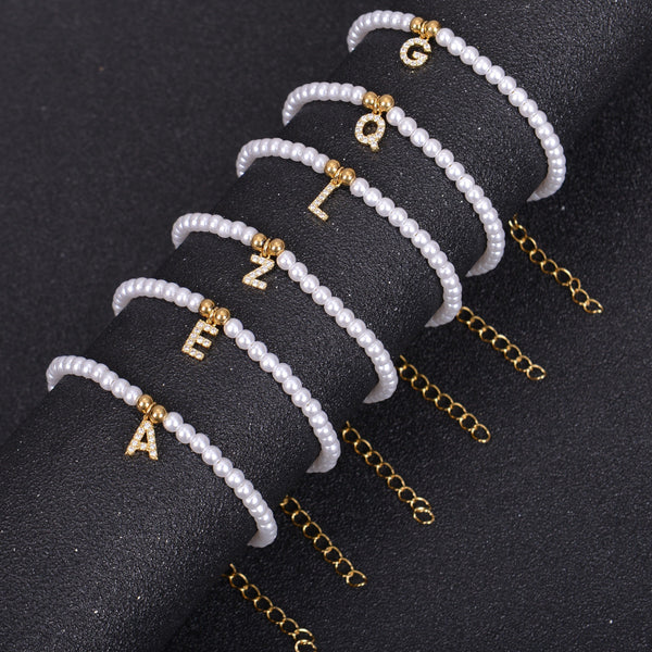 Diamond Studded Initial White Bead Bracelets | Pendantify